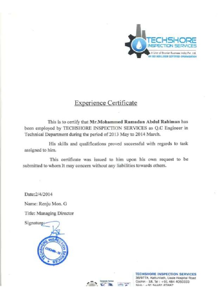 QC Engineer Experience Certificate From Techshore 1 638 | PDF