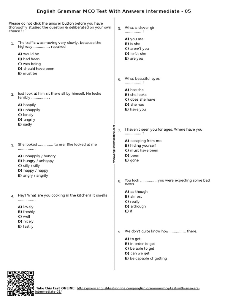 English Grammar MCQ Test with Answers | PDF