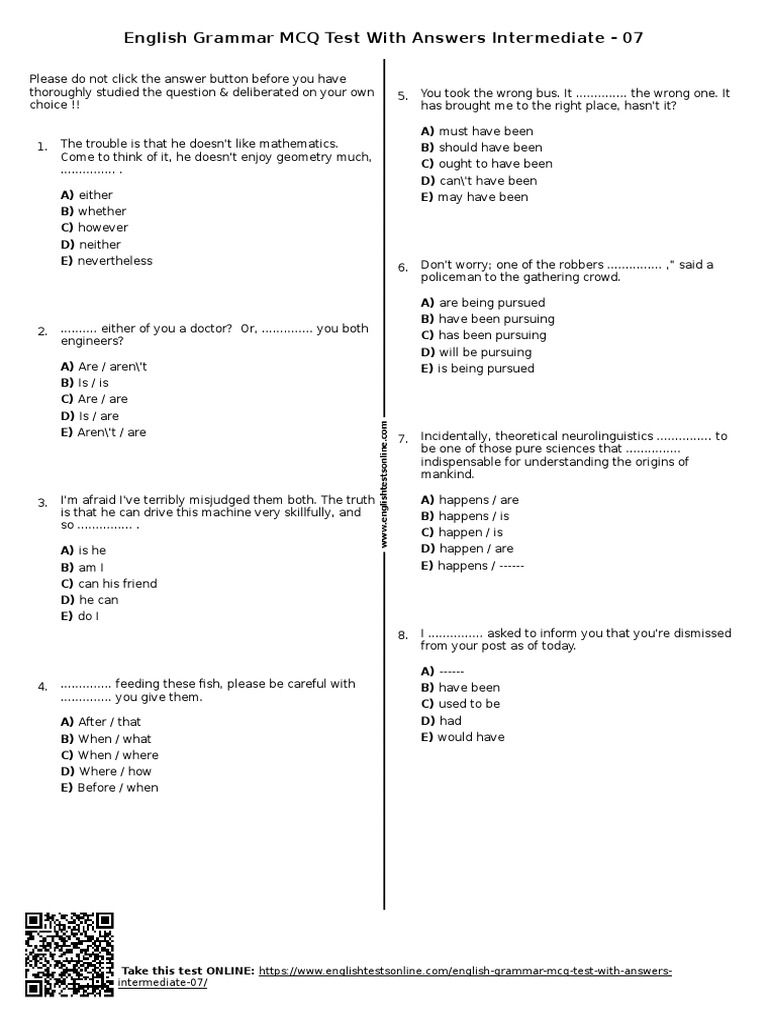 English Grammar MCQ Test 07 | PDF | Multiple Choice
