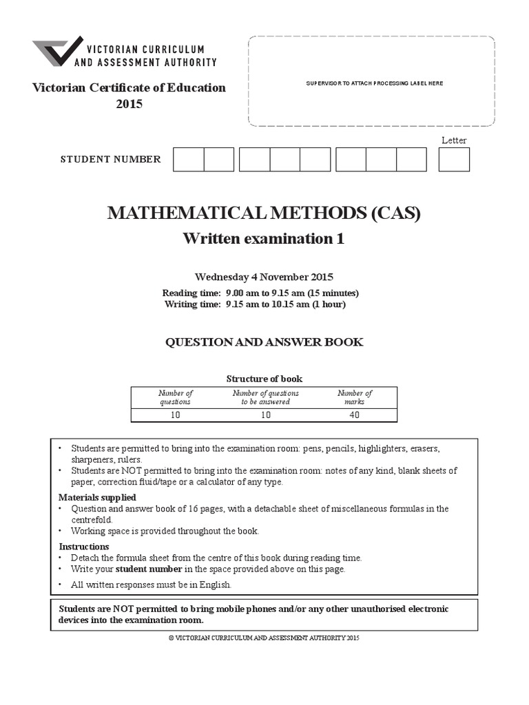 Mathematical Methods (Cas) : Written Examination 1 | Download Free PDF ...