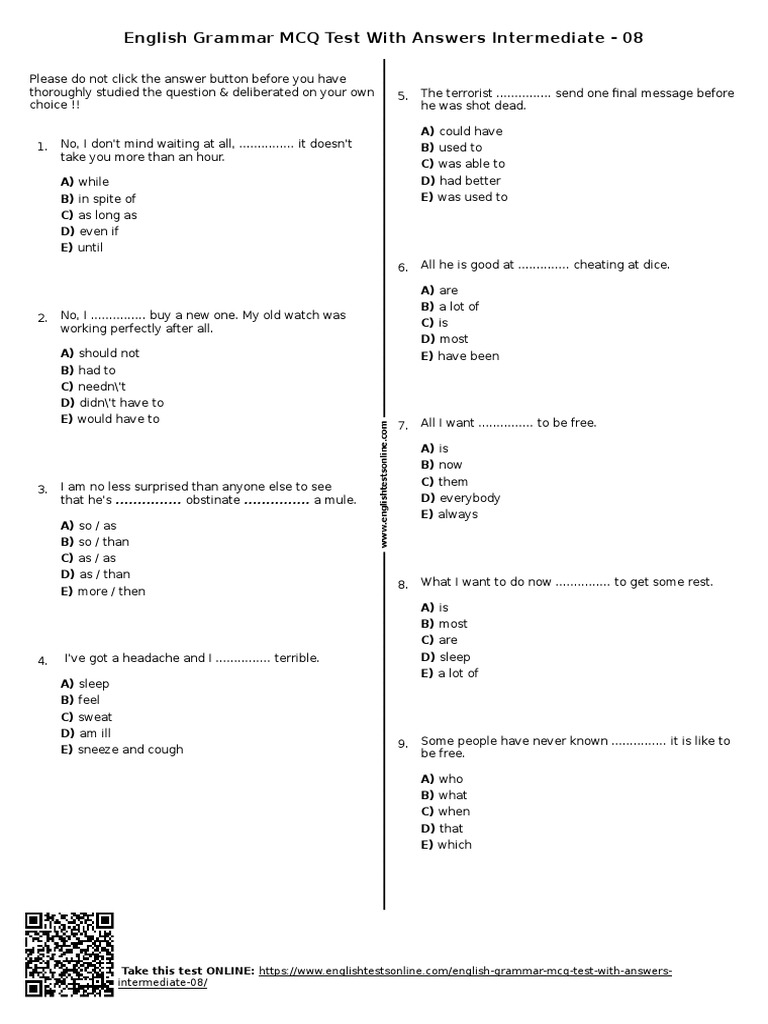 English Grammar MCQ Test Intermediate | PDF