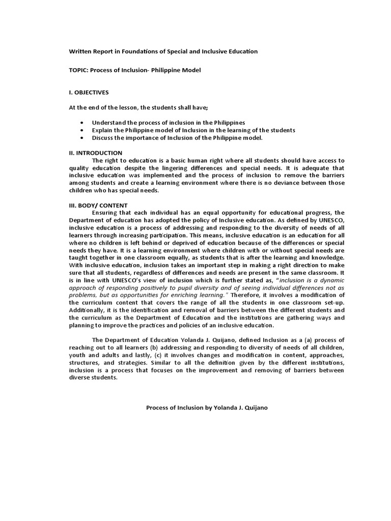 Written Report in Foundations of Special and Inclusive Education TOPIC ...