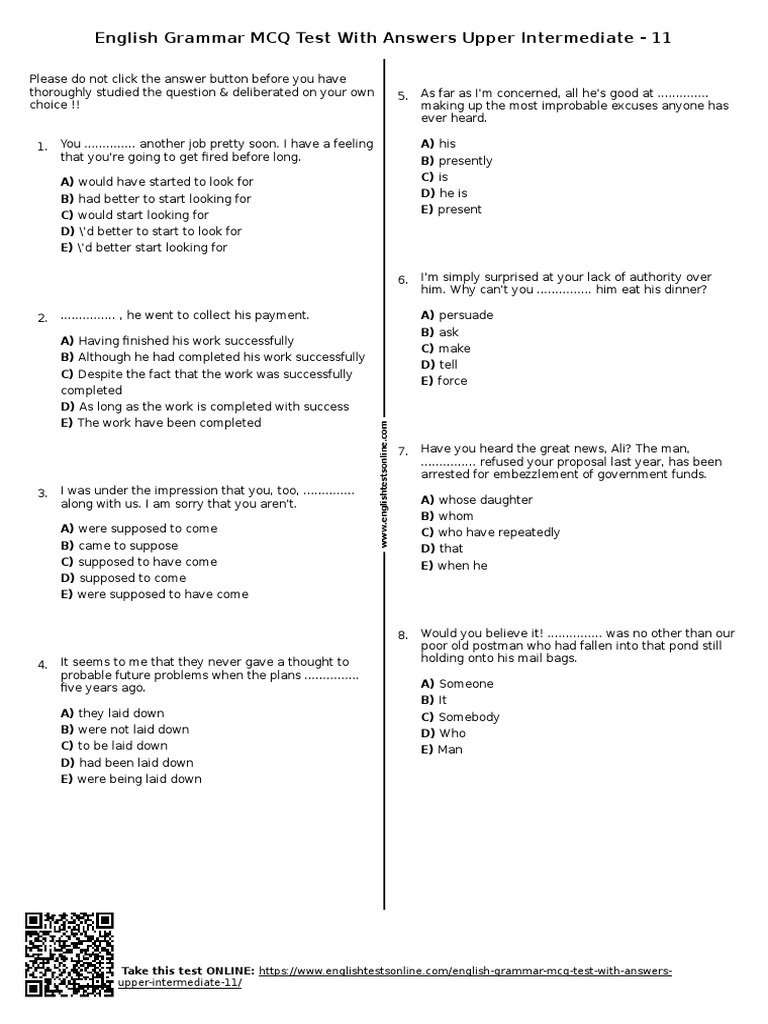 English Grammar MCQ Test With Answers Upper Intermediate - 11 | PDF ...