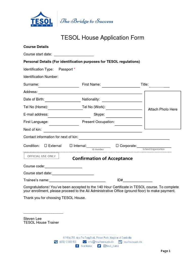 TESOL House Application Form | PDF | English As A Second Or Foreign ...