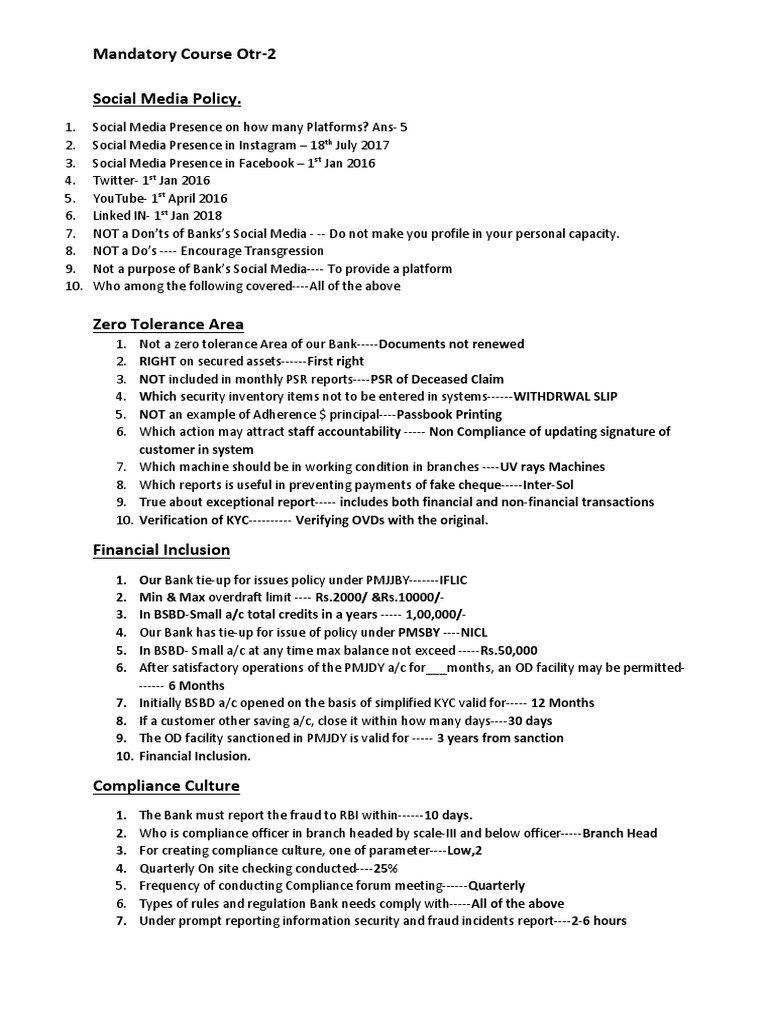 Mandatory Course Ans Key QTR 2 | PDF | Banks | Regulatory Compliance