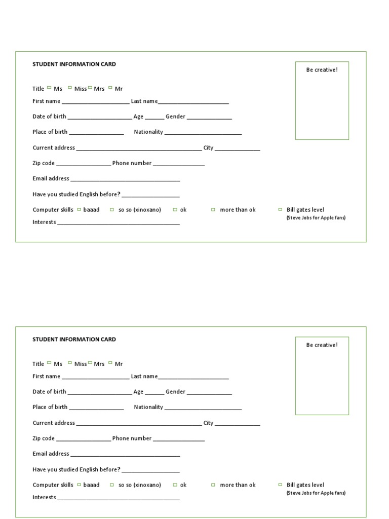 Student Information Card | PDF | Career & Growth