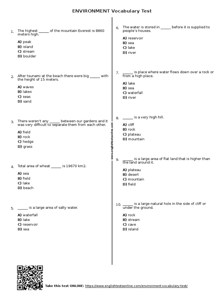 Environment Vocabulary Test Answers | PDF | Desert | Mountains