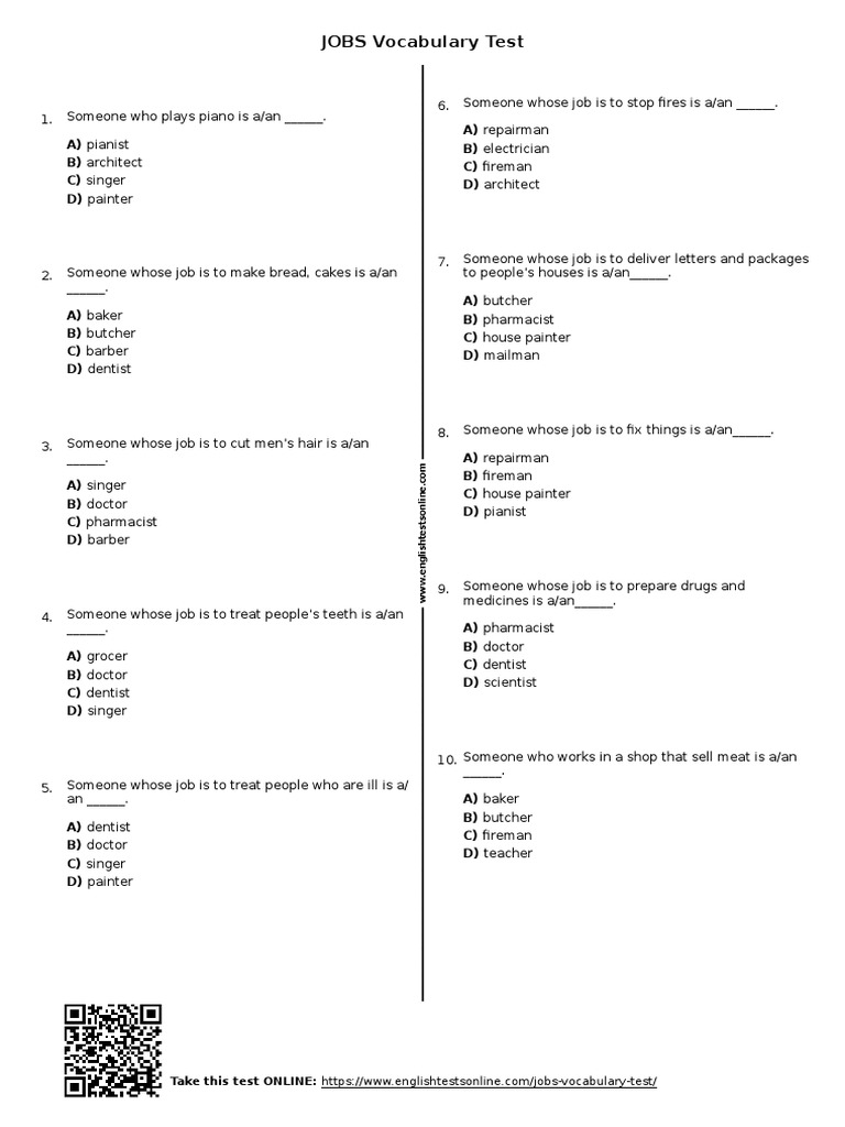 132 - Jobs Vocabulary Test | PDF | Pharmacology | Health Care