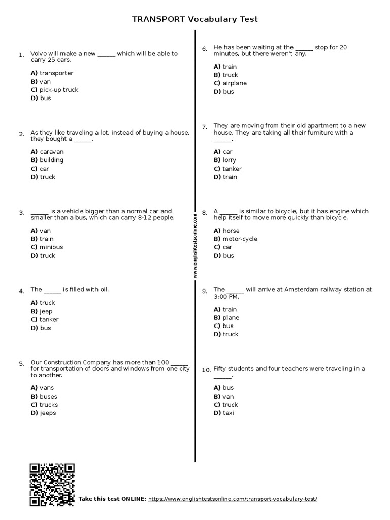 TRANSPORT Vocabulary Test | PDF | Bus | Van