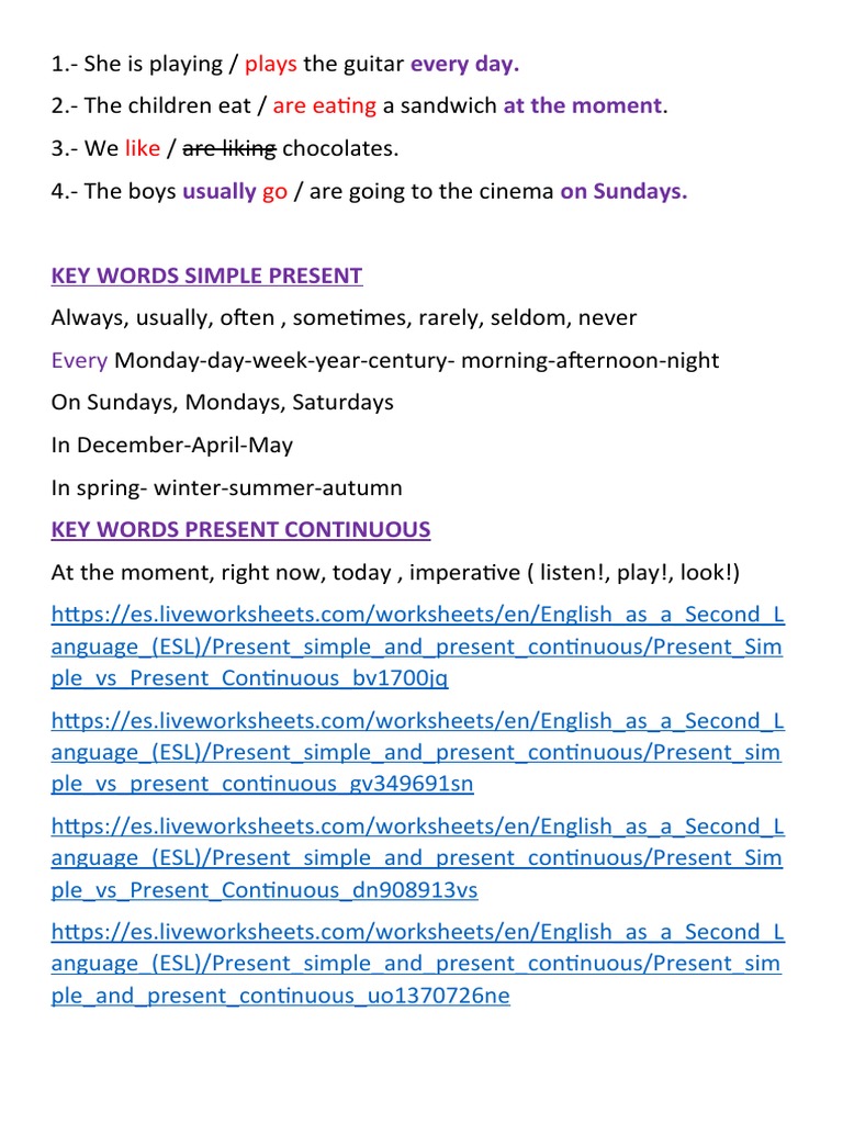 Key Words Simple Present - Present Continuous | PDF