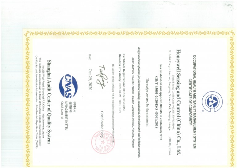 Honeywell Sensing and Control China Iso 45001 Certificate | PDF