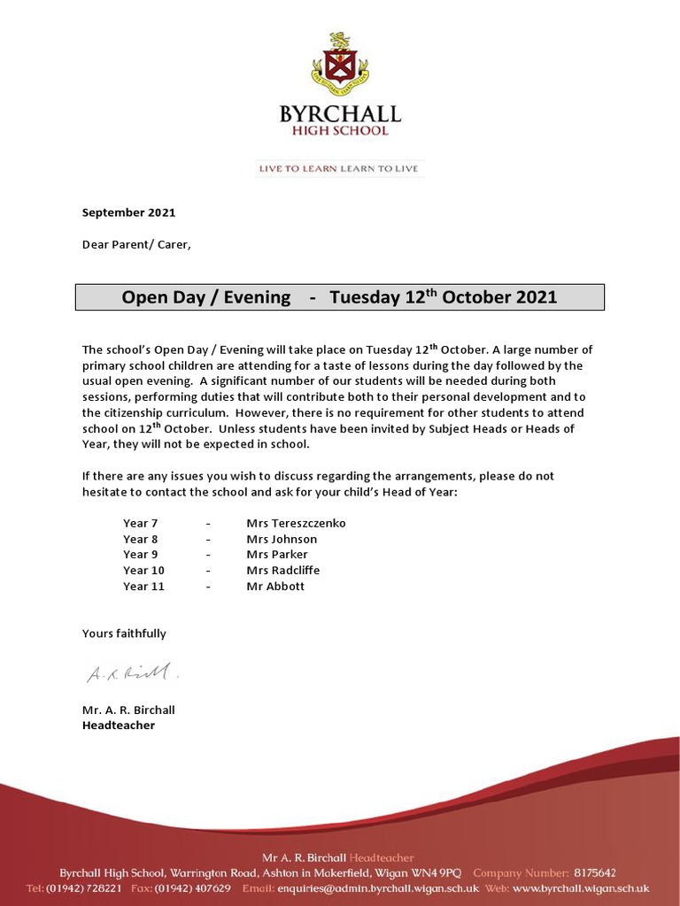 Open Day Letter To Parents School Closure | PDF