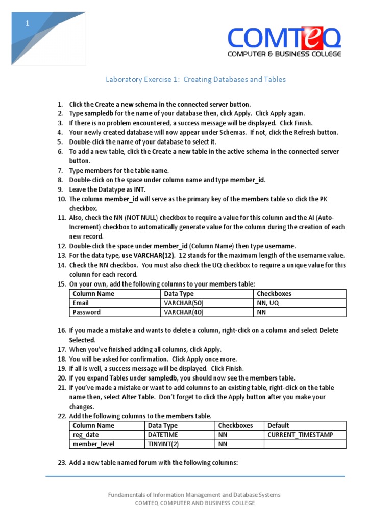 CC105 Laboratory Exercise #1 - Creating Database and Tables | PDF | Computing | Computer Science