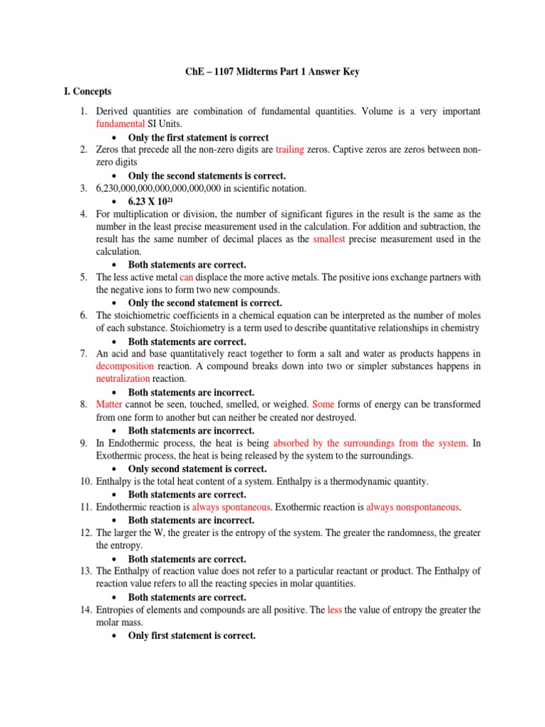 ChE 1107 Midterms Part 1 Key | PDF | Chemical Reactions | Stoichiometry