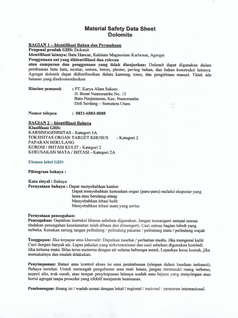 Dolomite - MSDS | PDF