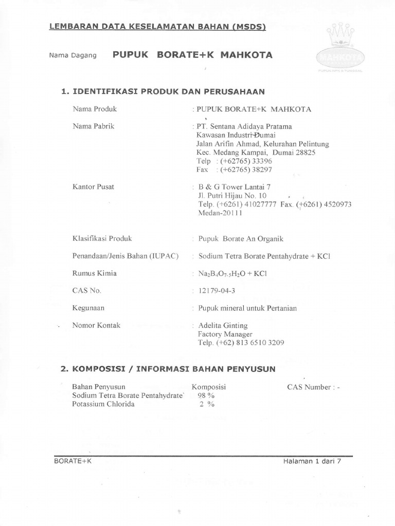 MSDS Pupuk Borate+K Mahkota | PDF