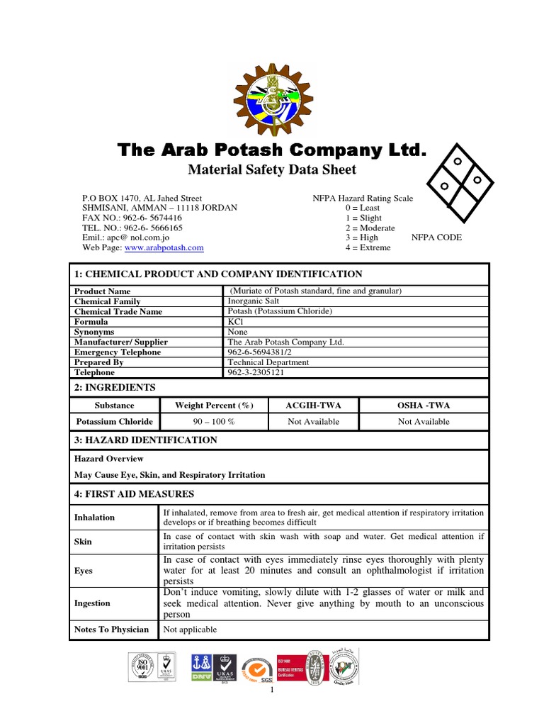 Mop - MSDS | PDF | Potassium Chloride | Toxicity