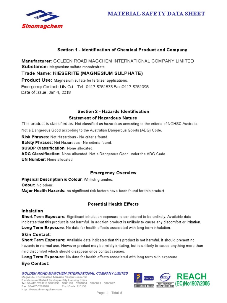 Material Safety Data Sheet: Substance Trade Name: Kieserite (Magnesium ...