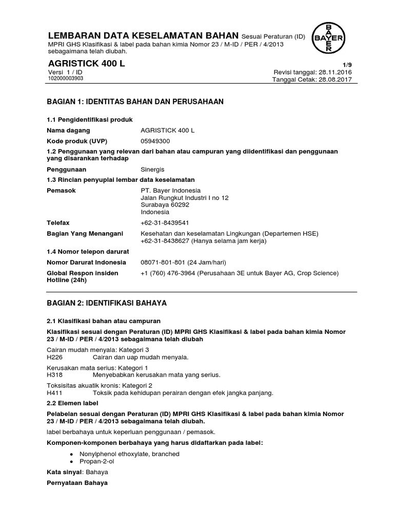 MSDS Agristick 400 L | PDF