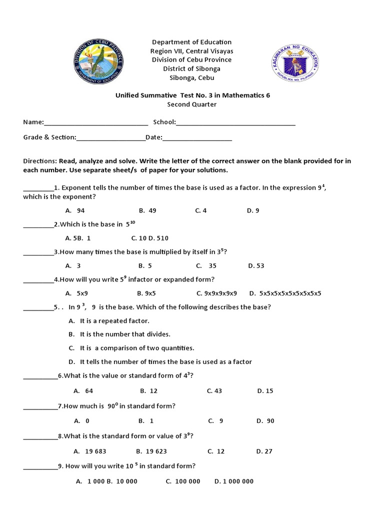 Unified Summative Test No. 3 in Mathematics 6 | PDF | Exponentiation ...