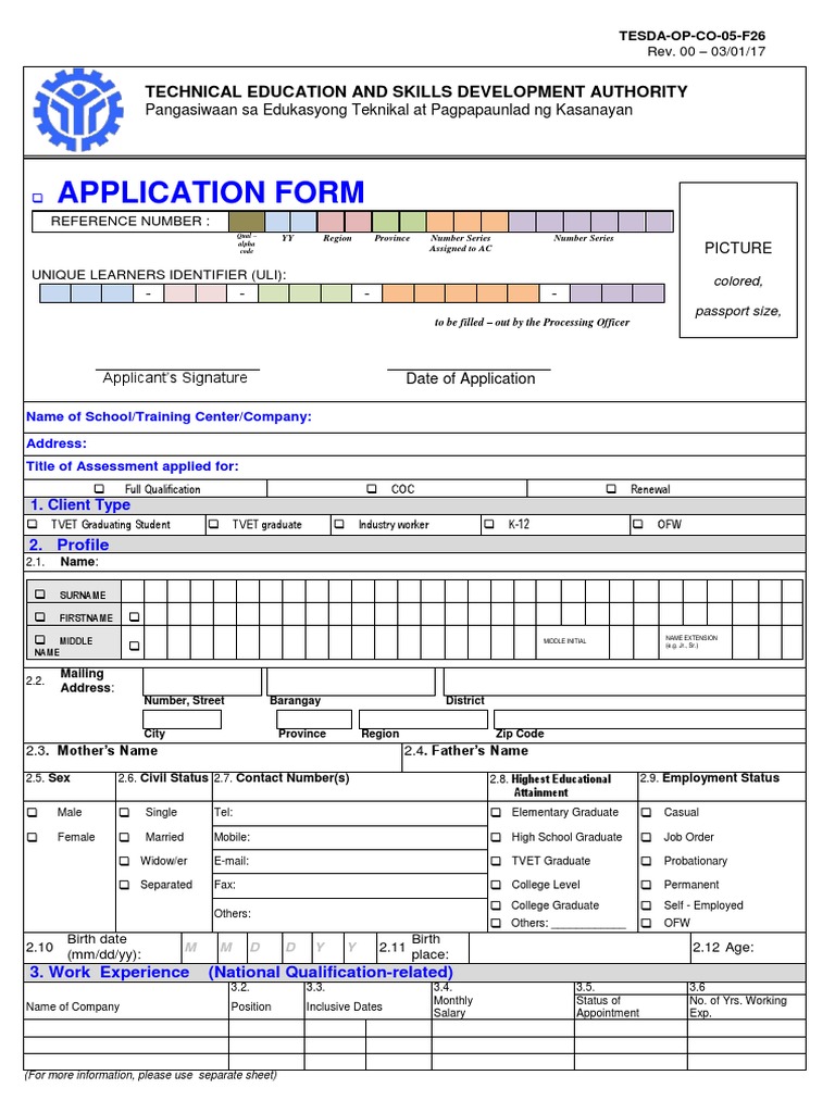 Application Form: Technical Education and Skills Development Authority ...