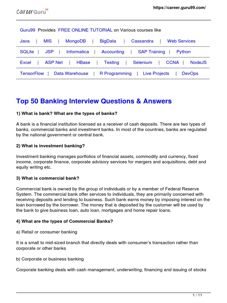 Top 50 Banking Interview Questions & Answers: 1) What Is Bank? What Are ...