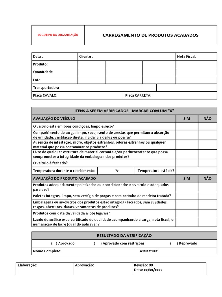 Verificação de carga de produtos acabados: checklist de inspeção de ...