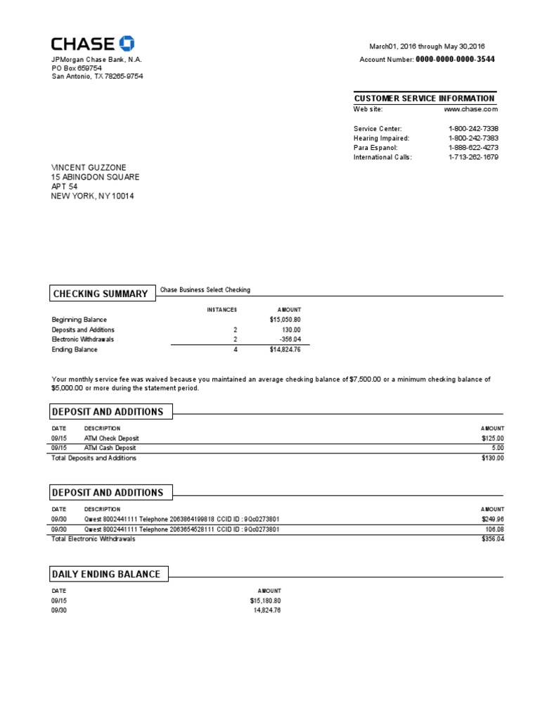 Chase Bank Statement Summary 2016 | PDF | Deposit Account | Chase Bank