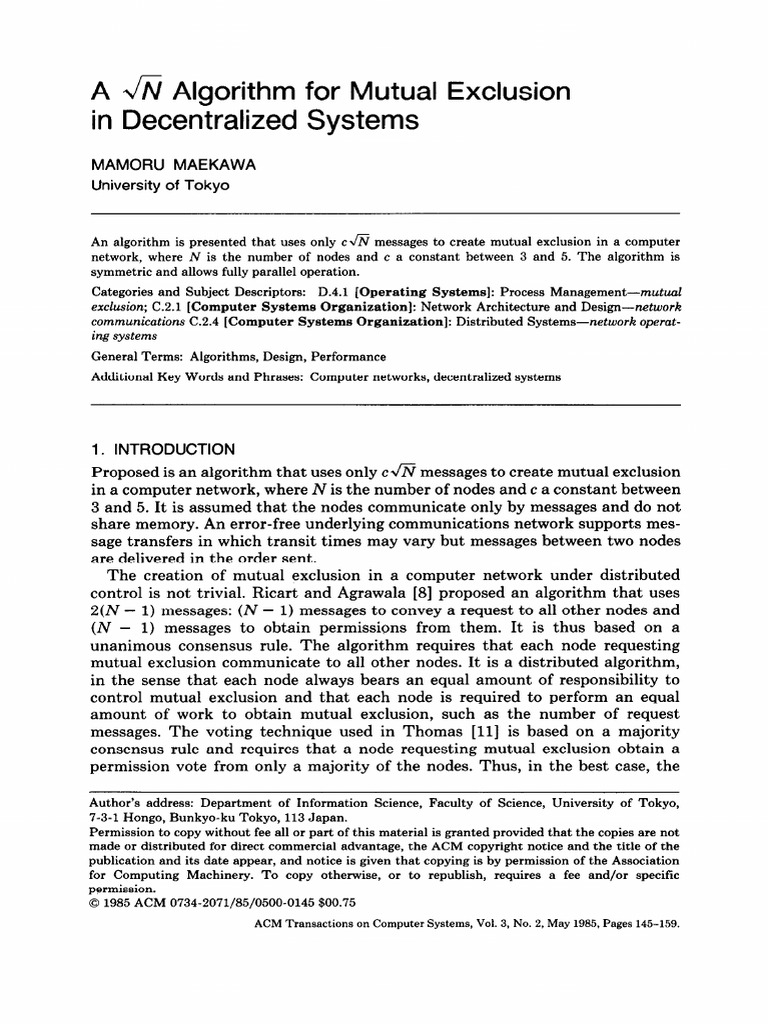 A Da/ Algorithm For Mutual Exclusion in Decentralized Systems | PDF ...