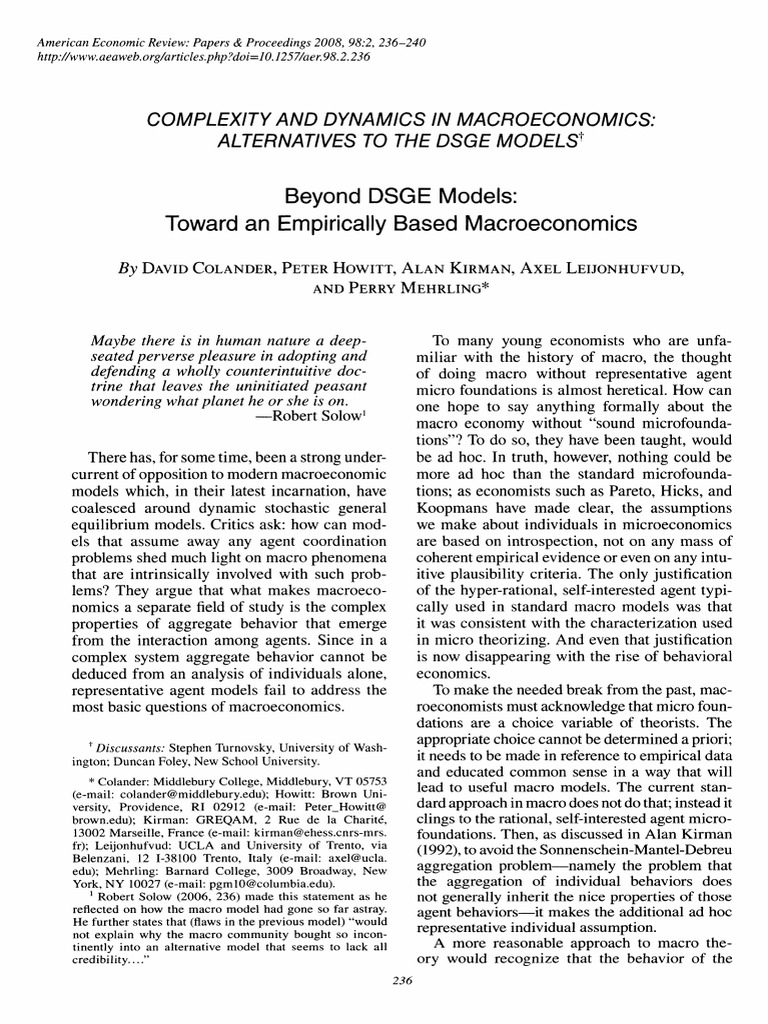 Beyond DSGE Models, David Colander Et Al | PDF | Macroeconomics | Economics