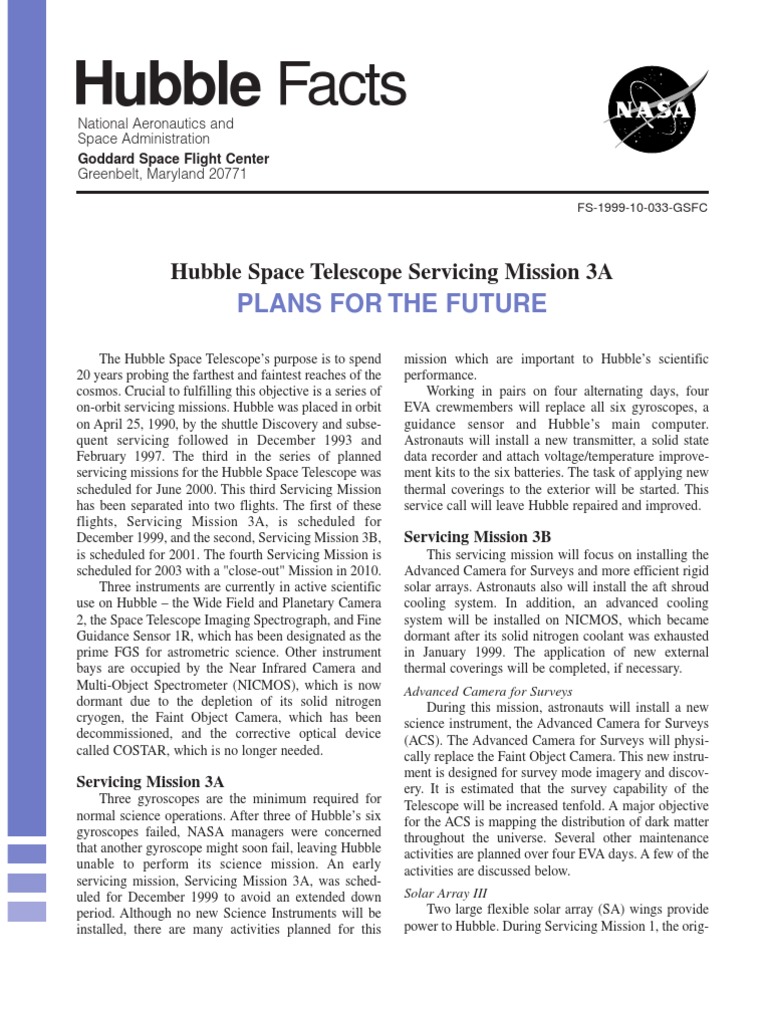 Hubble Facts Hubble Space Telescope Servicing Mission 3A Plans For The ...