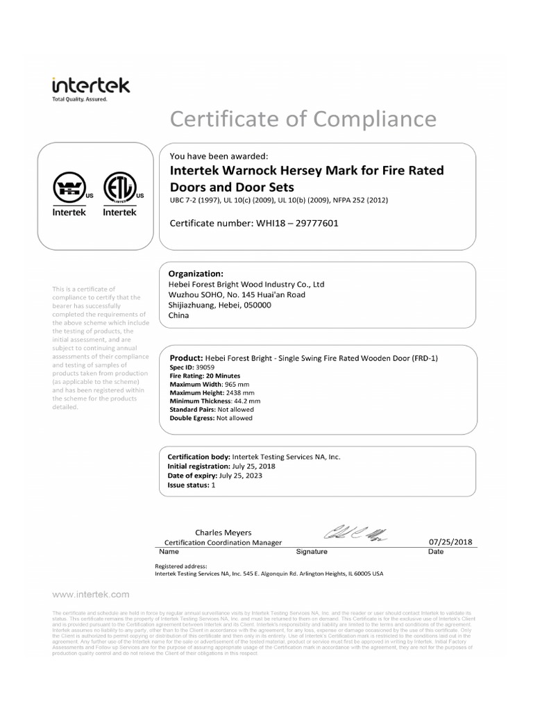 20 MIN To 90 MIN WH Fire Door Certificates - YUKI | PDF | Certification ...