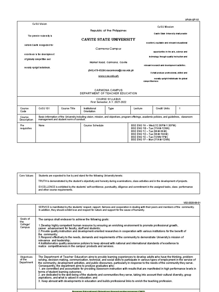 Course Syllabus - CvSU 101 BSE ENG 1st Sem 2021 - 2022 | PDF | Learning ...