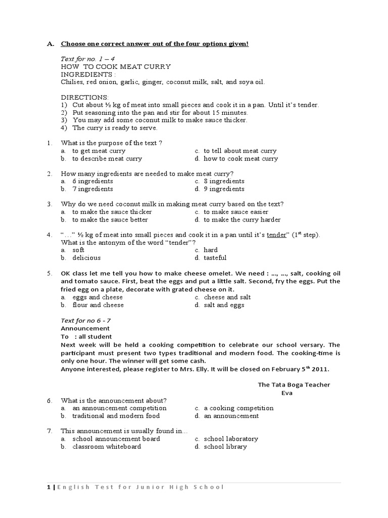 English Test For Junior High School PDF Curry Sauce