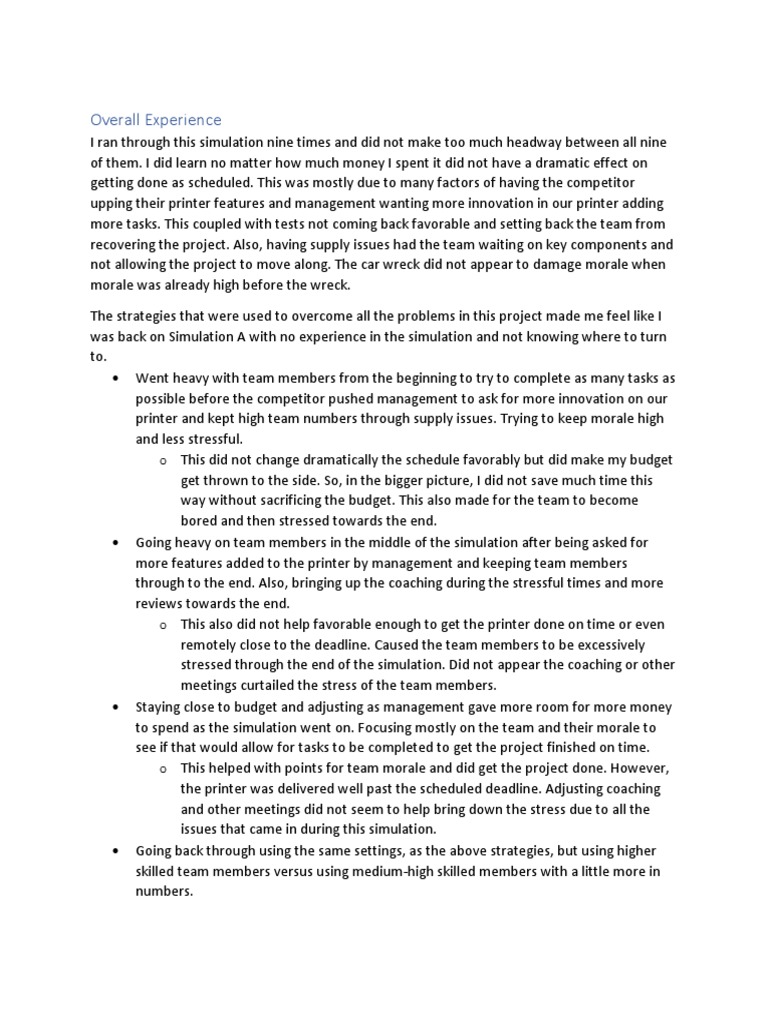 Project Management Simulation Insights | PDF | Cognition | Economies