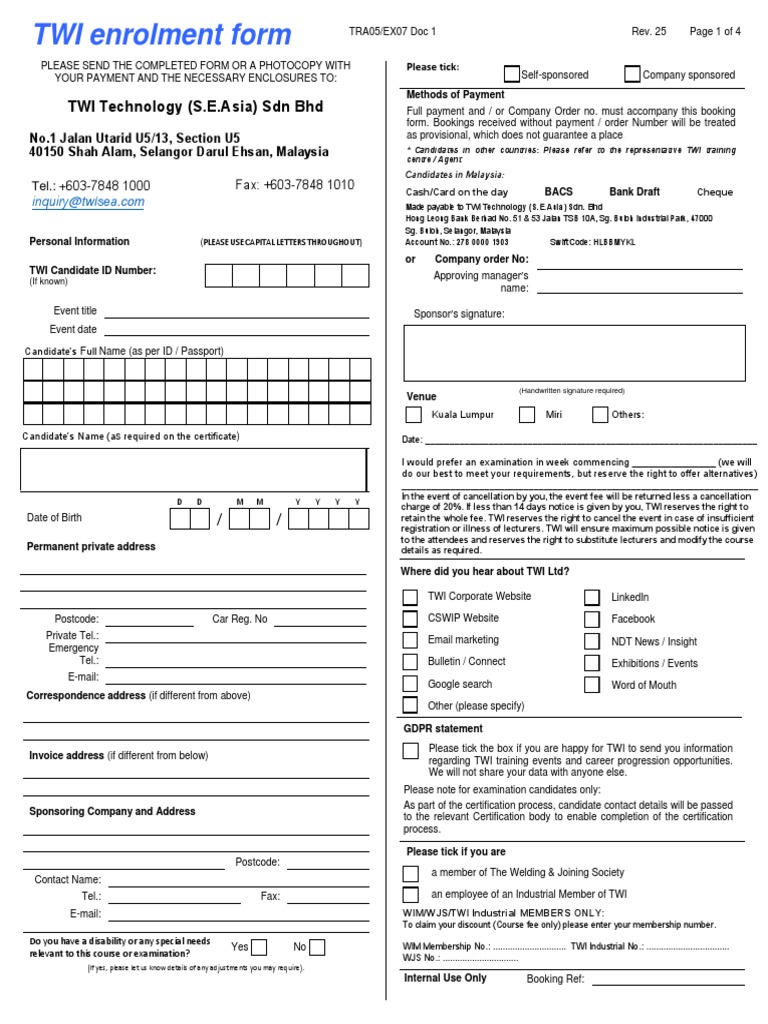 TWI Enrolment Form Rev 25 (August 20) | PDF | Legal Liability | Visa Inc.