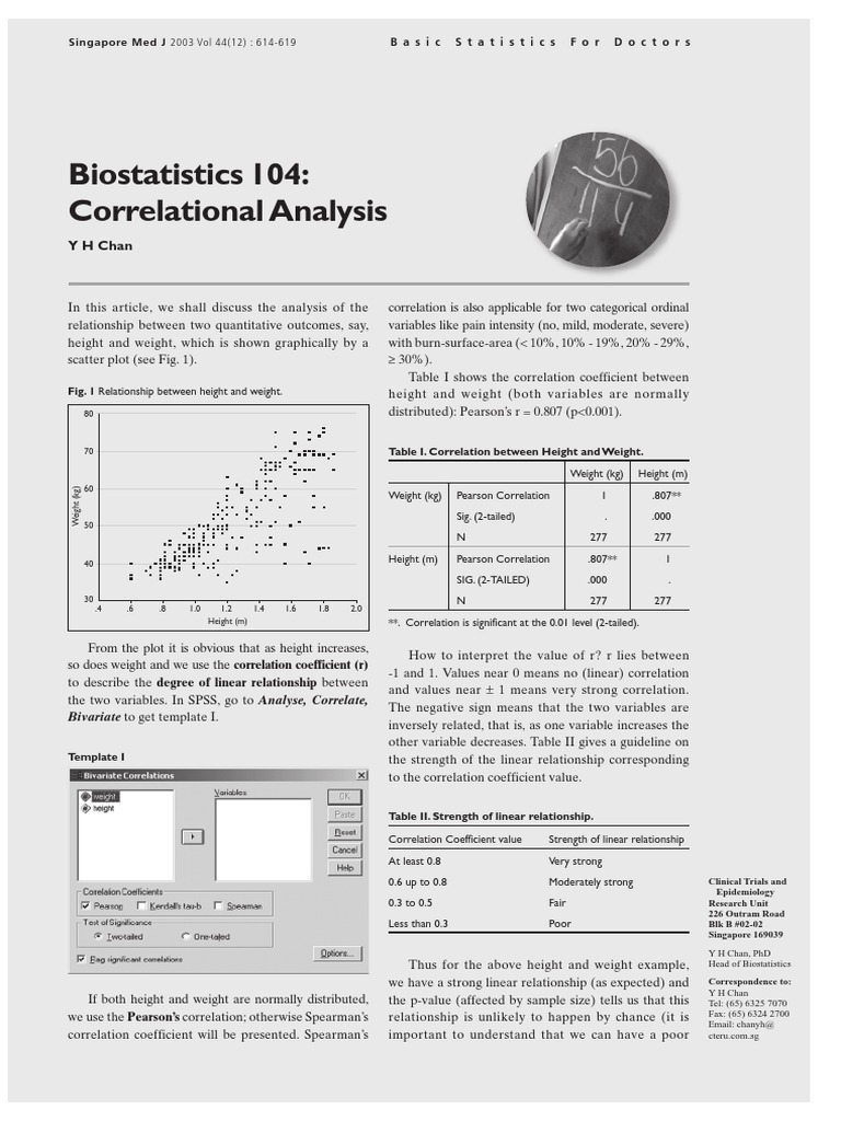 Biostatistics 104: Correlational Analysis: Yhchan | PDF | Correlation And Dependence | Statistics