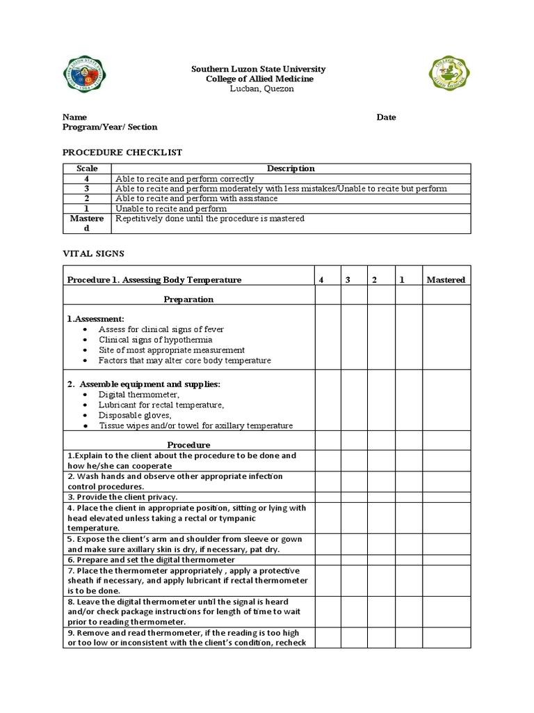 VITAL SIGNS TPR BP PROCEDURE Checklist | PDF | Pulse | Breathing