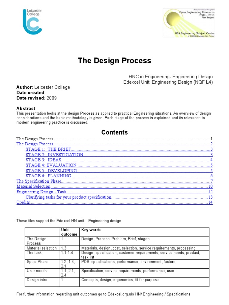 The Design Process: HNC in Engineering-Engineering Design Edexcel Unit ...