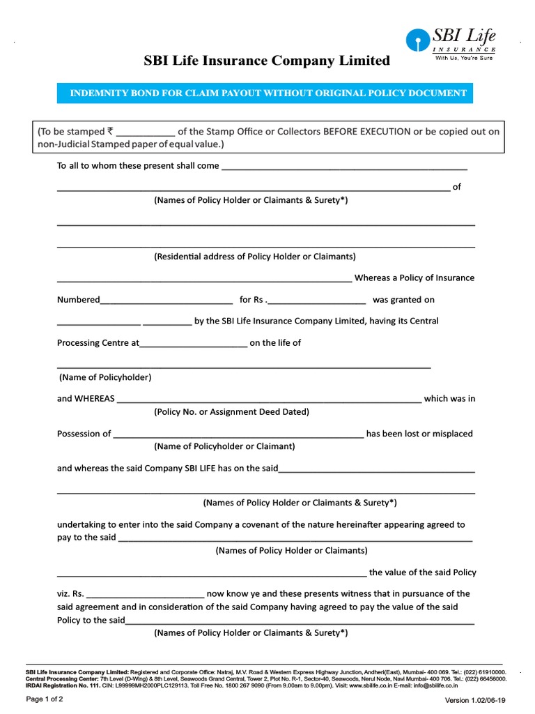 SBI Life Indemnity Bond for Claims | PDF | Insurance | Life Insurance