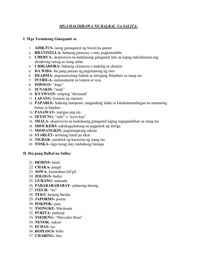 Mga Halimbawa NG Balbal Na Salita | PDF | Graphemes | Western Calligraphy