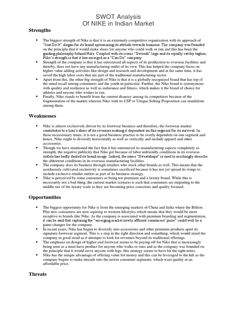 Swot Analysis of Nike | PDF | Brand | Nike
