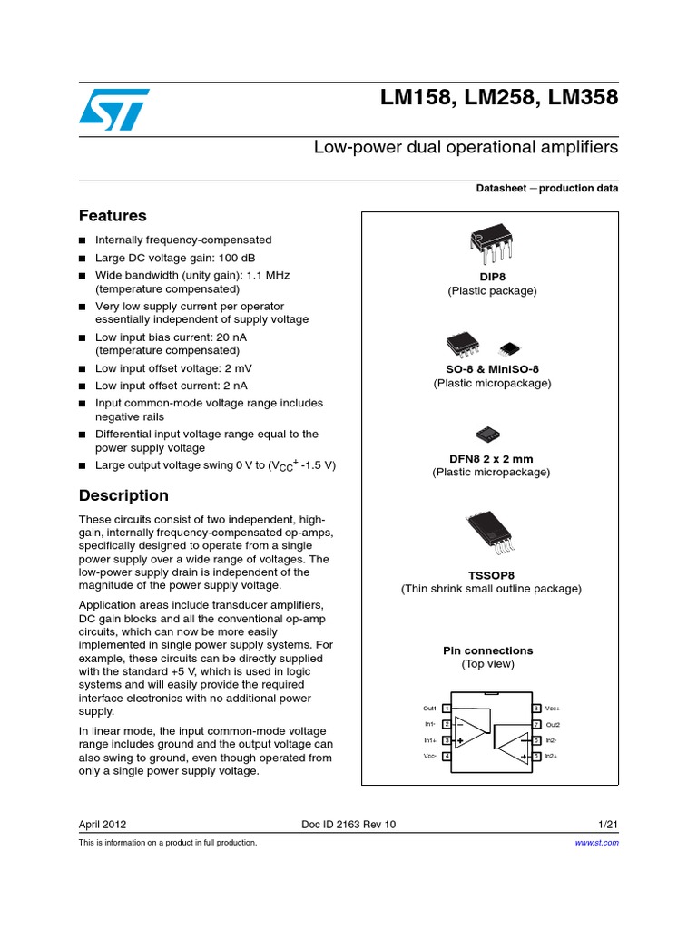 LM158, LM258, LM358: Low-Power Dual Operational Amplifiers | PDF ...