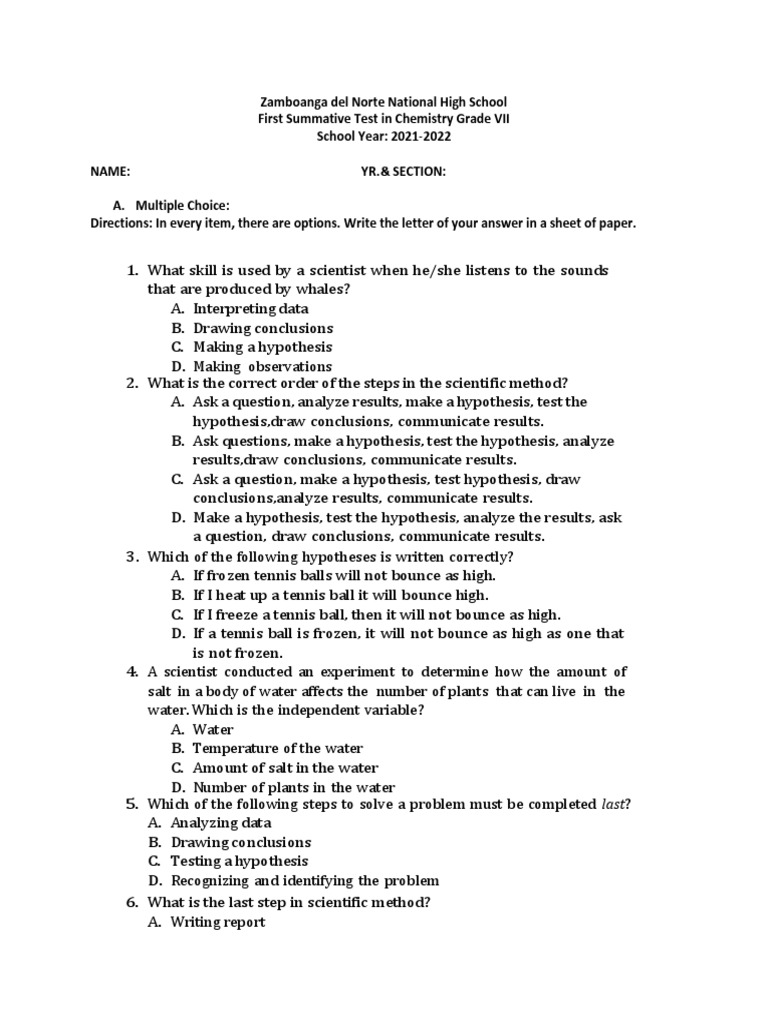 Grade 7 Chemistry1st Summative Test 2021 2022 | PDF | Scientific Method ...