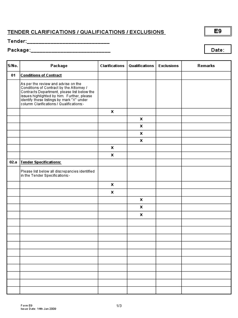Tender Clarifications and Exclusions Form E9 | PDF | Business Law | Private Law