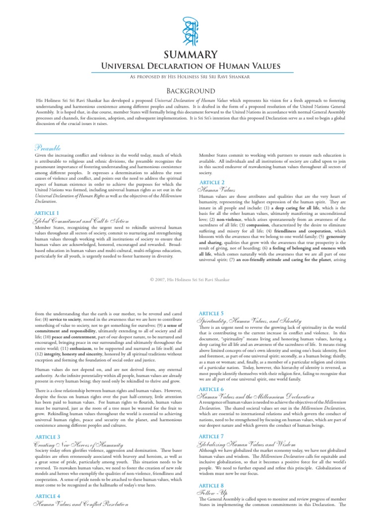 Universal Declaration of Human Values: Preamble | PDF | Value (Ethics ...