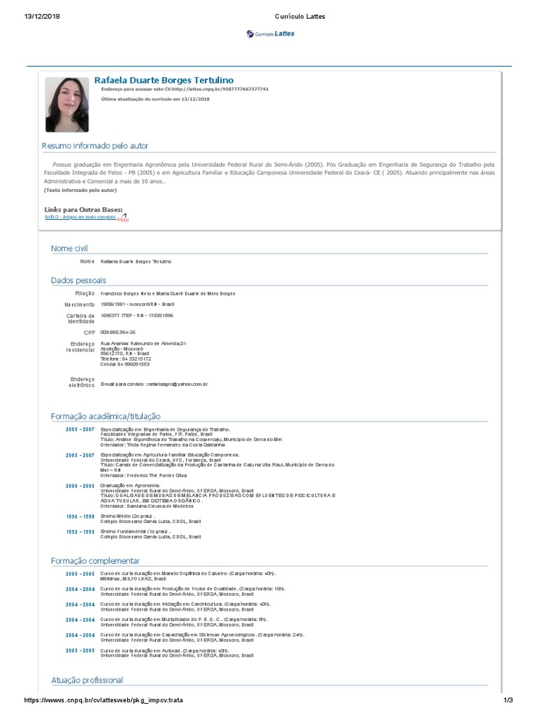 Currículo Lattes - PDF - Rafaela Duarte Borges | PDF | Brasil