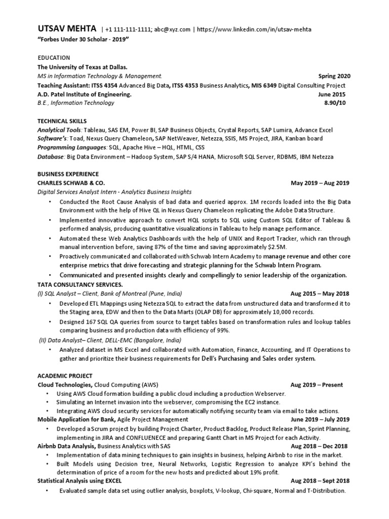 Resume Data Analyst Utsav Mehta | PDF | Data Analysis | Analytics