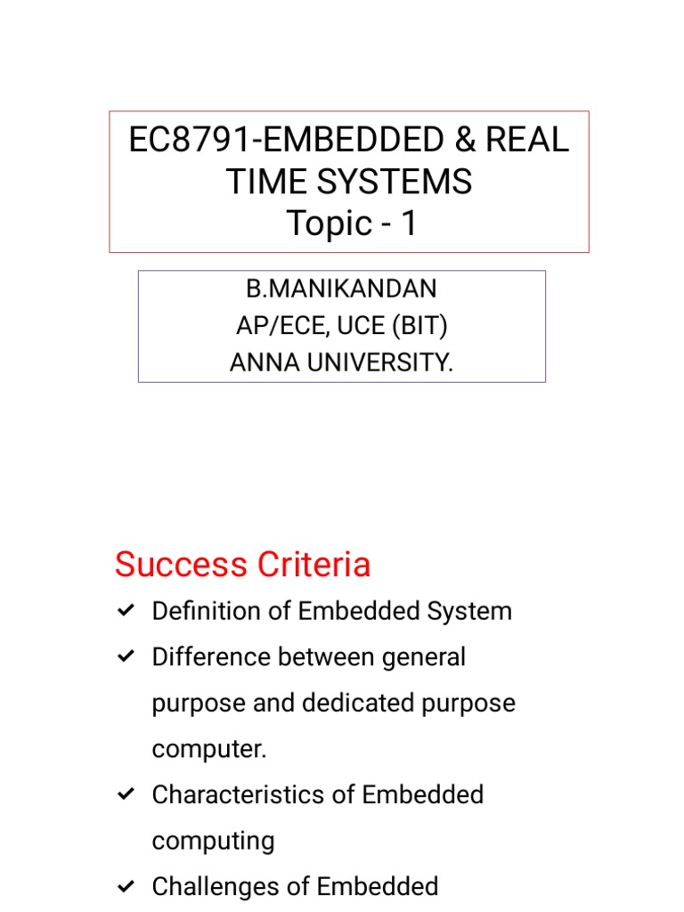 Ec8791-Embedded & Real Time Systems Topic - 1: B.Manikandan Ap/Ece, Uce (Bit) Anna University ...