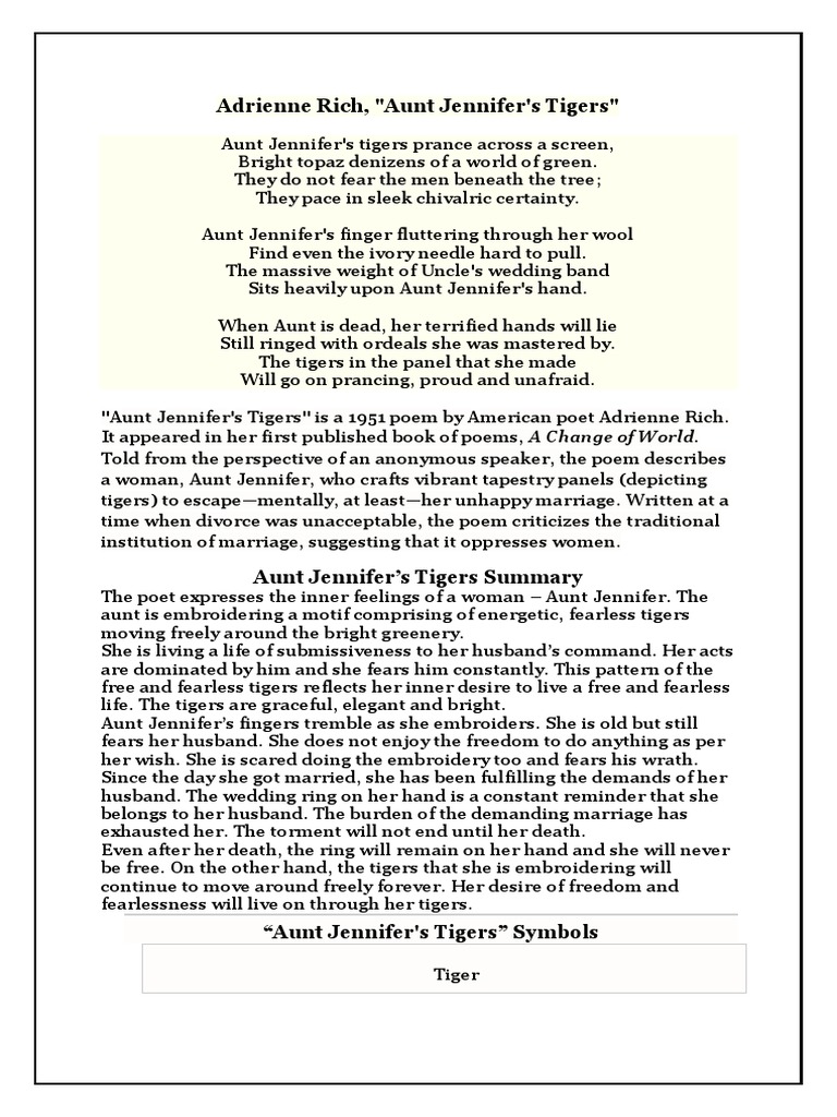 Adrienne Rich, "Aunt Jennifer's Tigers" | PDF